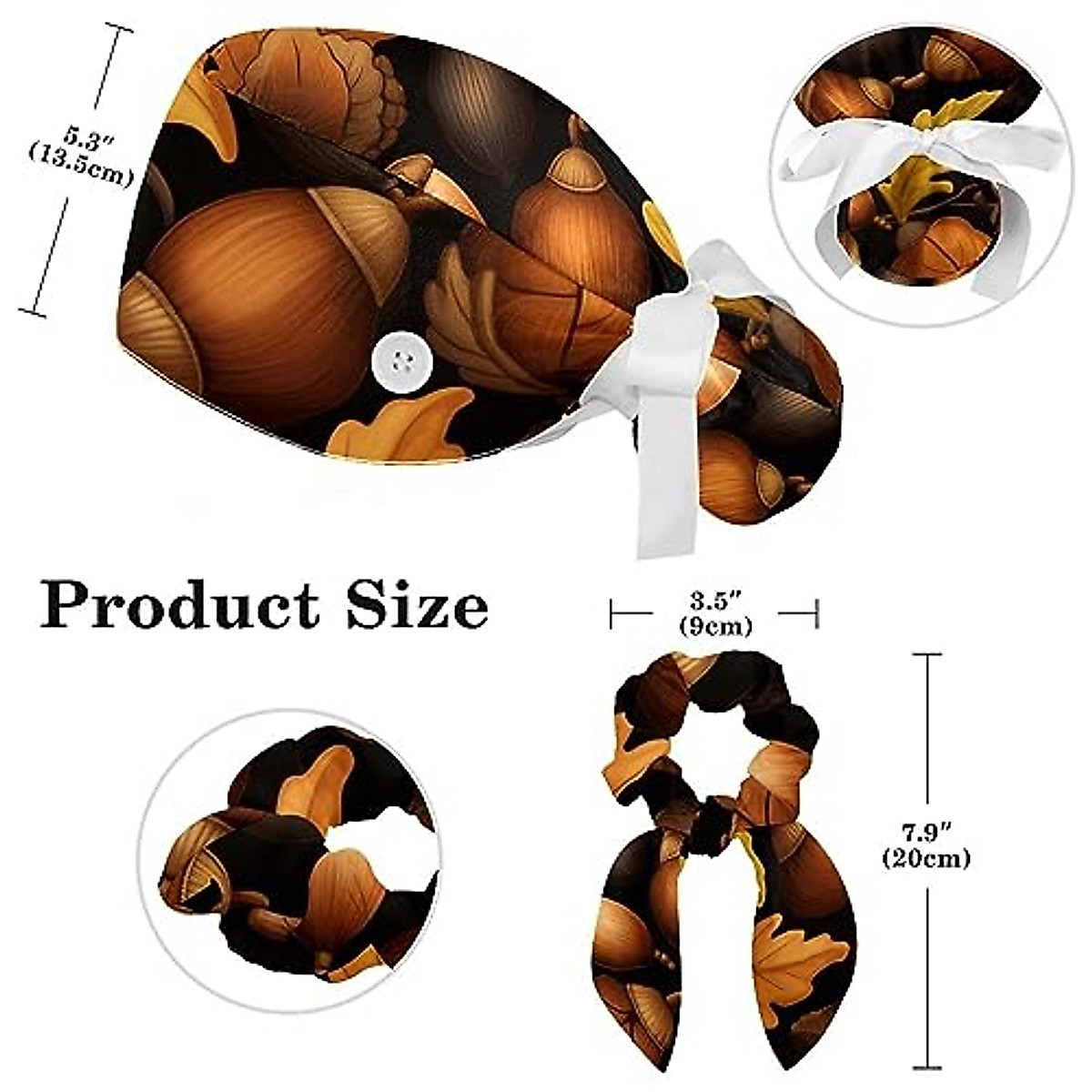 Thanksgiving Acorn Working Cap with Button Sweatband Adjustable Tie Back Bouffant Hats with Scrunchie