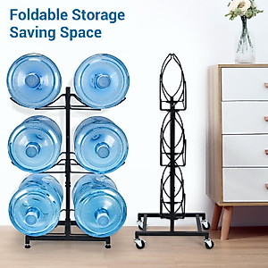 5 Gallon Water Bottle Holder with 4 Wheels, Heavy Duty Foldable Water Jug Stand 3-Tier Movable 5 Gallon Water Jug Holder Water Dispenser Rack for 6 Bottles, Black