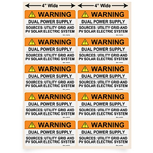 20 Premium Warning Dual Power Supply Solar PV Labels Weatherproof 2020 & 2017 Electrical Code