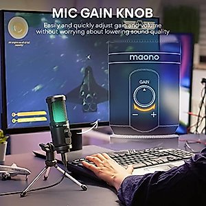 MAONO USB Gaming Microphone for PC, Computer Condenser Mic with Gain Knob, RGB Light, Tripod Stand for Recording, Podcasting, Streaming, Compatible with PS5 PS4 Mac Laptop Desktop (PM461TR RGB)
