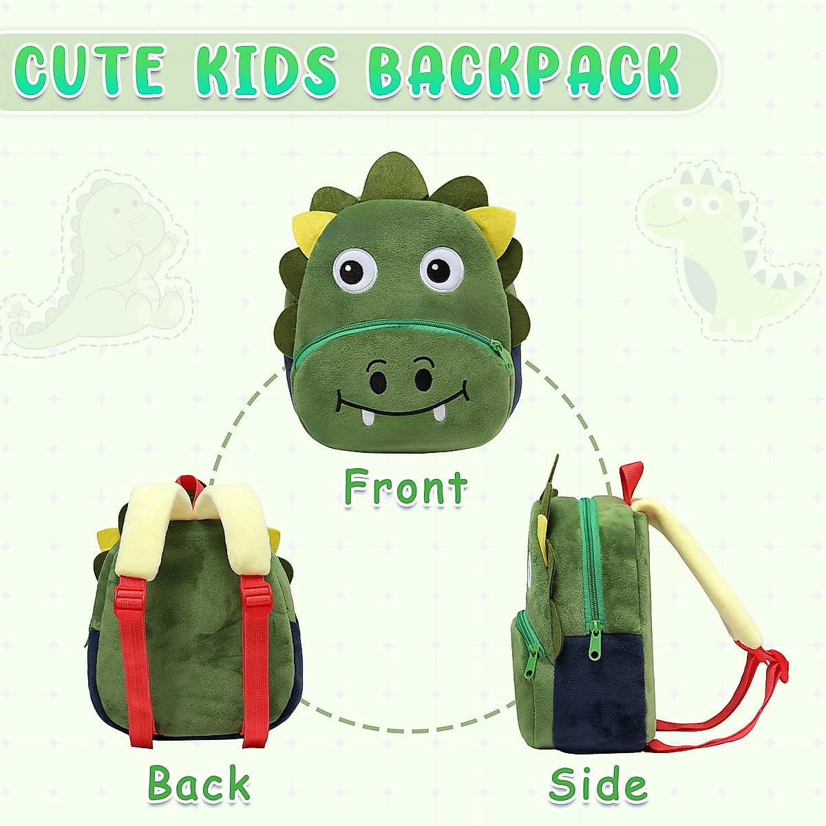 Cute Toddler Backpack for Boys and Girls, KASQO 9.4" 3D Soft Plush Animal Mini Lightweight Travel Bag for Baby 2-6 Years Old, Green Dinosuar