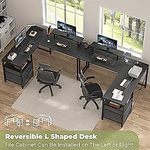 Homieasy L Shaped Computer Desk with Storage File Drawer, Reversible Home Office Desk with Recessed Power Strip and Led Strip, Corner Gaming Desk Work Study Table with Monitor Stand, Black
