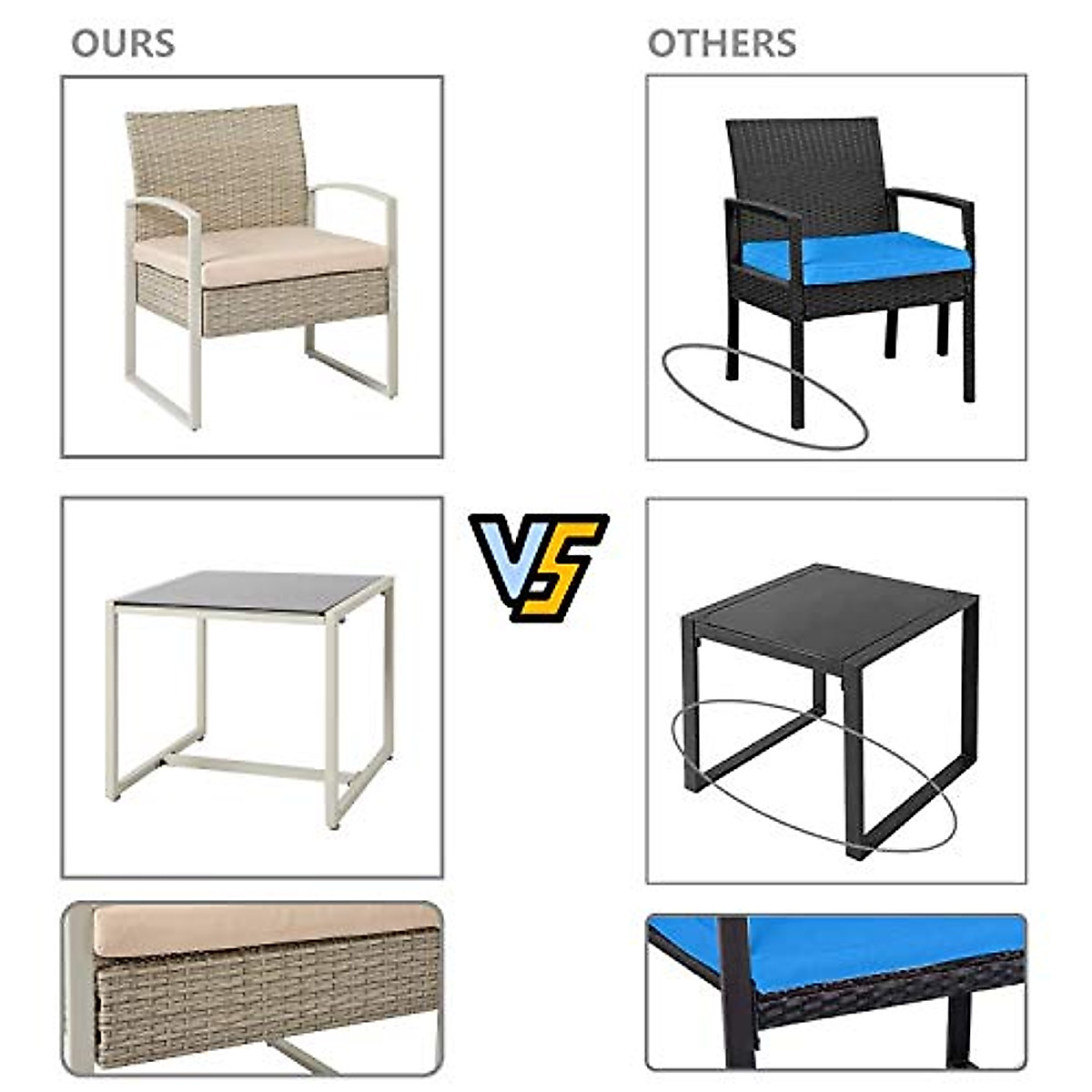 Aoxun 3 Pieces Patio Set Wicker Bistro Table Set, Outdoor Patio Furniture Conversation, Two Rattan Chairs with Glass Coffee Table for Terraces Poolsides and Cafes,Gray Beige