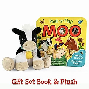 Moo Peek-a-Flap Gift Set: Includes Lift-A-Flap Board Book and Cuddly Plush Toy Friend for Birthdays, Baby Showers, Christmas and Easter Basket Stuffers