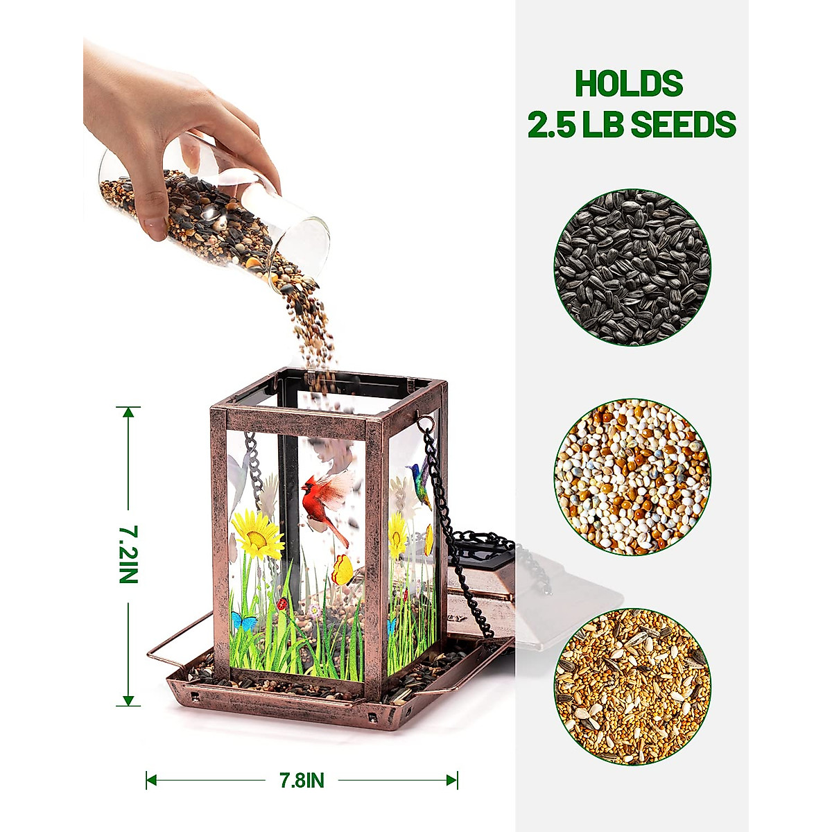 DesGully Bird Feeders for Outdoors Hanging - 2.5 LBs Wild Birds Metal Solar Bird Feeder for Outside Gift Ideas for Bird Lovers Garden Yard Bird Seeds (Chew-Proof,Weather Resistance)