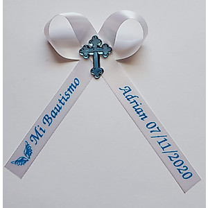 25 Personalized Baptism Christening Ribbons Party Favors or Baby Shower Sprinkle Bautizo Birthday Assembled Bows Custom Ribbon anos quinceaneras listones