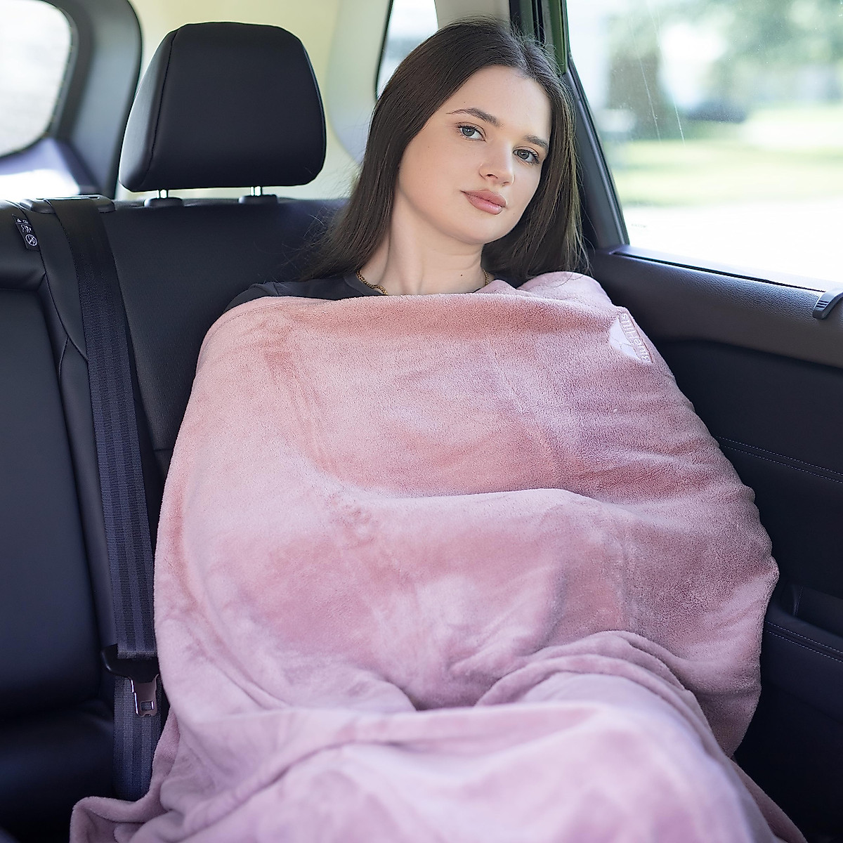 BlueHills Premium Soft Long Travel Blanket Pillow for Tall Airplane Flight Blanket 70 X48 inch Throw in Soft Bag case with Hand Luggage Belt & Backpack Clip Compact Pack Large Pink T055