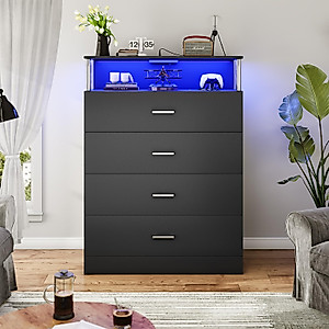 AOGLLATI Dresser for Bedroom with Column Design, 4 Drawer Dresser with Charging Station, Modern Bedroom Led Tall Black Dresser for Bedroom Closet