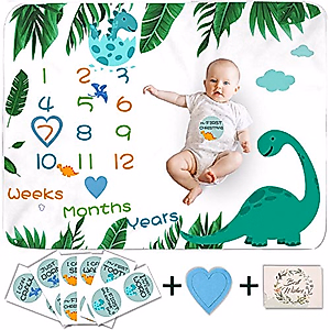 Decoroca Dinosaur Baby Monthly Milestone Blanket - Perfect for Celebrating Your Baby's Growth - Capture Precious Moments Together (50" × 40" with 12 Stickers)