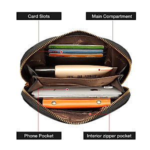 Leather Wallet for Women, Genuine Leather Ladies Clutch Wallet With Wristlet Card Holder Zipper Coin Pocket (black)