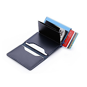 Dlife Credit Card Holder RFID Blocking Wallet Slim Wallet Cowhide Leather Vintage Aluminum Business Card Holder Automatic Pop-up Card Case Wallet Security Travel Wallet (Blue Case)