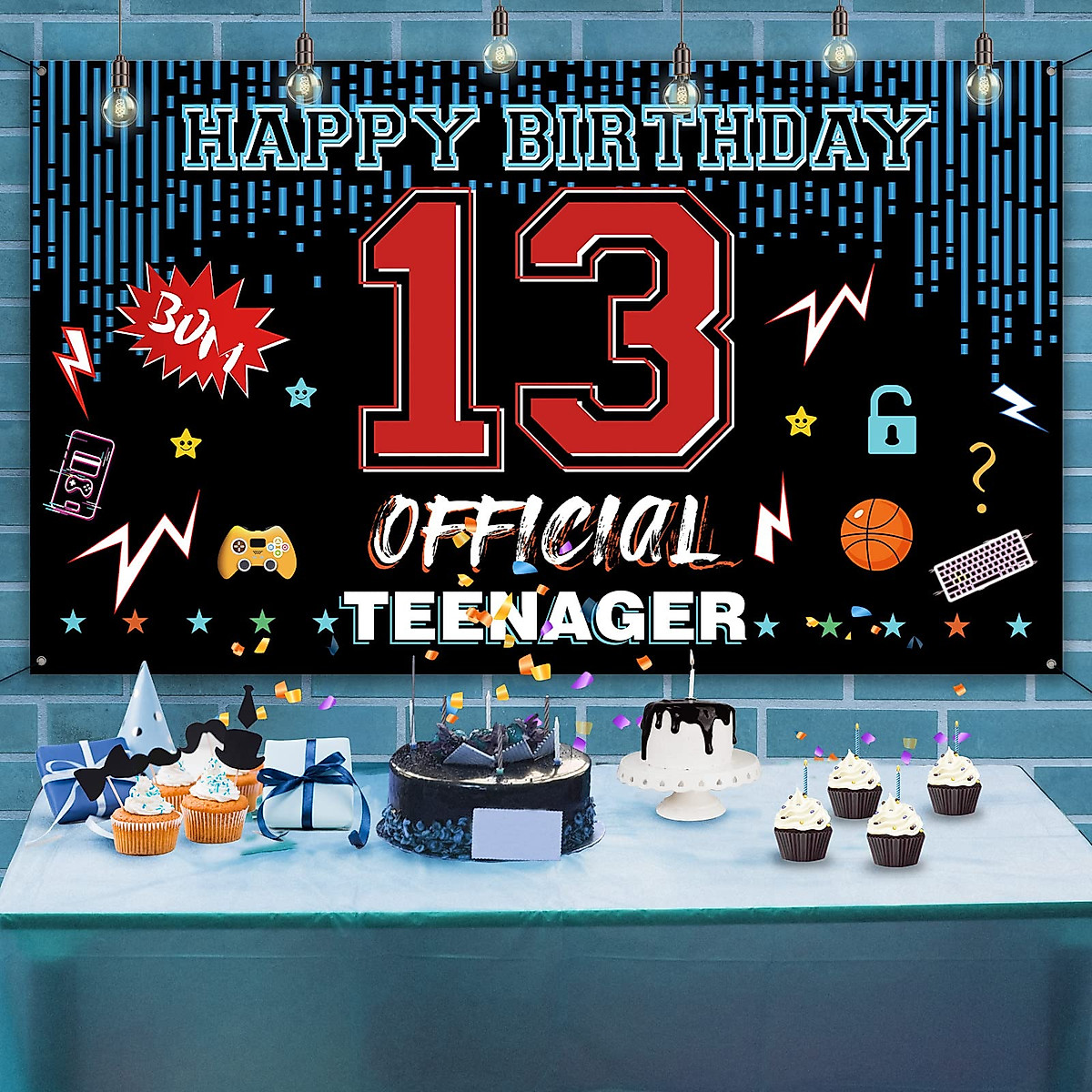 Official Teenager 13th Birthday Door Backdrop Banner, Happy 13th Birthday Decorations for Boys Girls, Red Blue 13 Year Old Birthday Party Yard Sign Photo Booth Props Supplies, Fabric, PHXEY