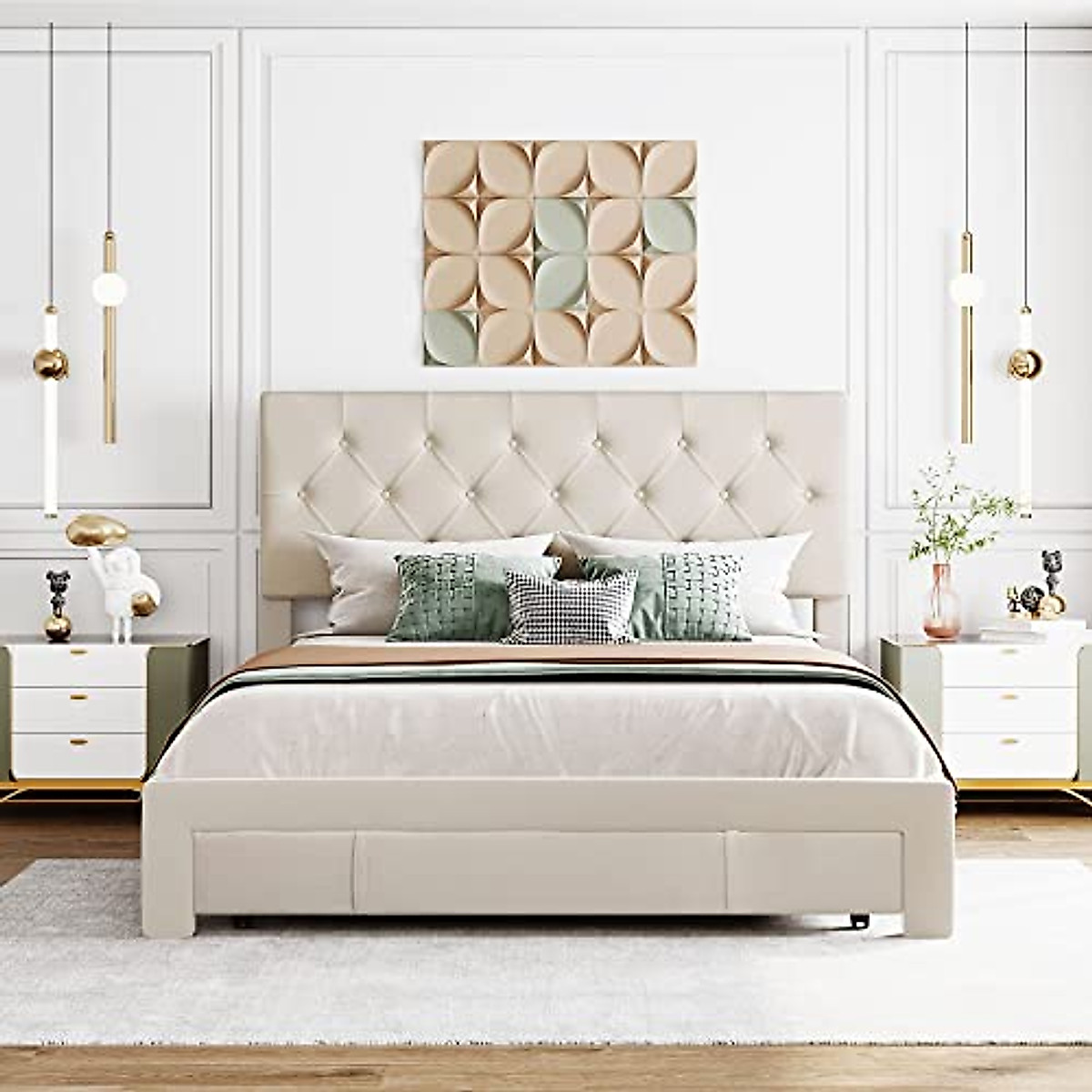 YuiHome Queen Bed Frame with Storage Drawer, Velvet Upholstered Storage Bed with Button Tufted Headboard, Wingback Platform Bed Queen Size,No Box Spring Required,Beige