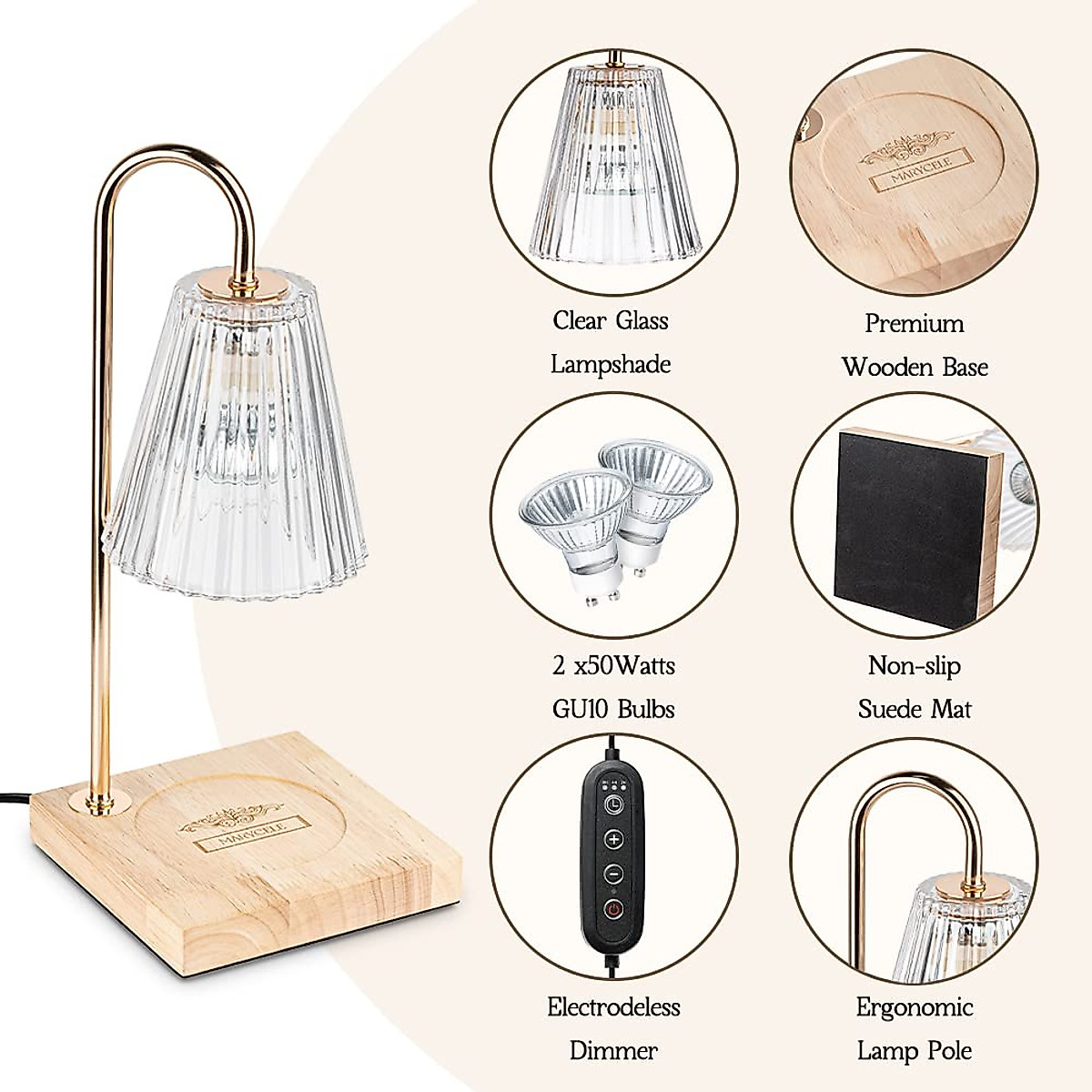 Marycele Candle Warmer Lamp, Electric Candle Lamp Warmer, Mothers Day Gifts for Mom, House Warming Gifts New Home Bedroom Decor Dimmable Wax Melt Warmer for Scented Wax with 2 Bulbs, Jar Candles