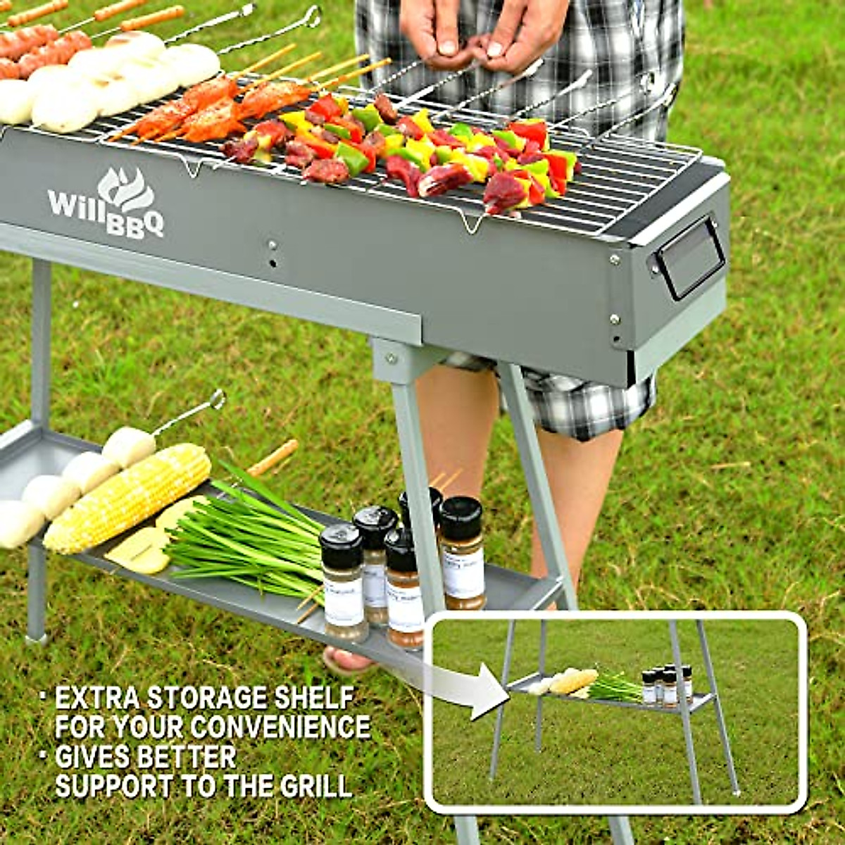 WILLBBQ Commercial Quality Portable Charcoal Grills Multiple Size Hibachi BBQ Lamb Skewer Folded Camping Barbecue Grill for Garden Backyard Party Picnic Travel Home Outdoor Cooking Use(31.6x7.1x5.1 inch)