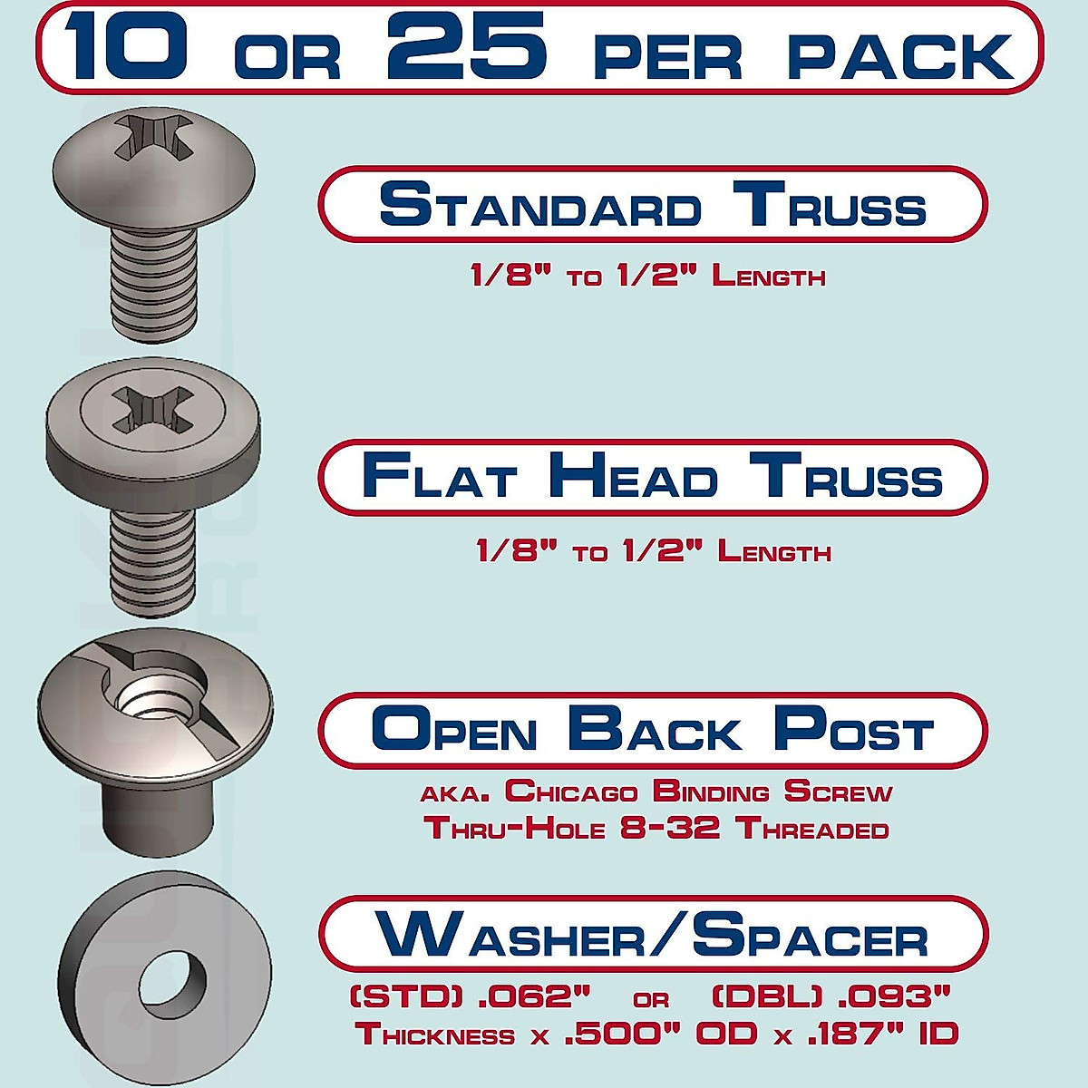 Black Chicago Screw - Thru Hole Binding Post Kit 1/8, 1/4, 3/8, 1/2 Inch Machine Screw Fasteners + Rubber Washers, QuickClipPro Kydex Leather Holster Sheath (1/8" - Flat Head 10 Pack)