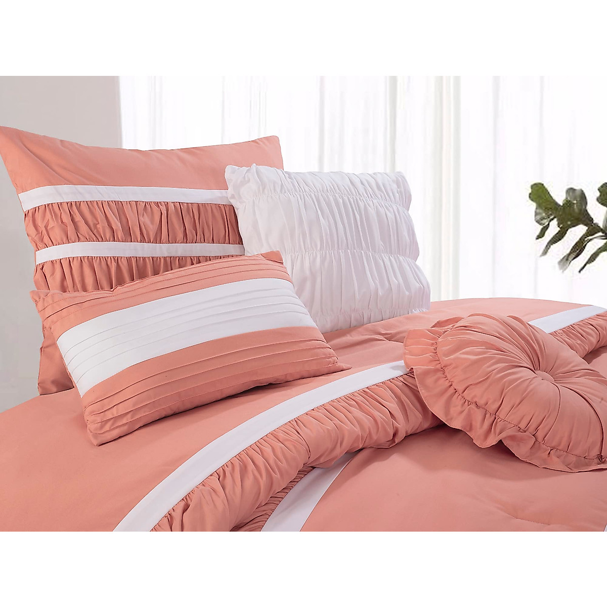Elegant Comfort 12-Piece Bed-in-a-Bag, Isabella Pleated Ruched Ruffled Comforter Set, 6-Piece Sheet Set Featuring Smart Pockets, Matching Decorative Pillows, All Season Bedding, King, Dusty Rose