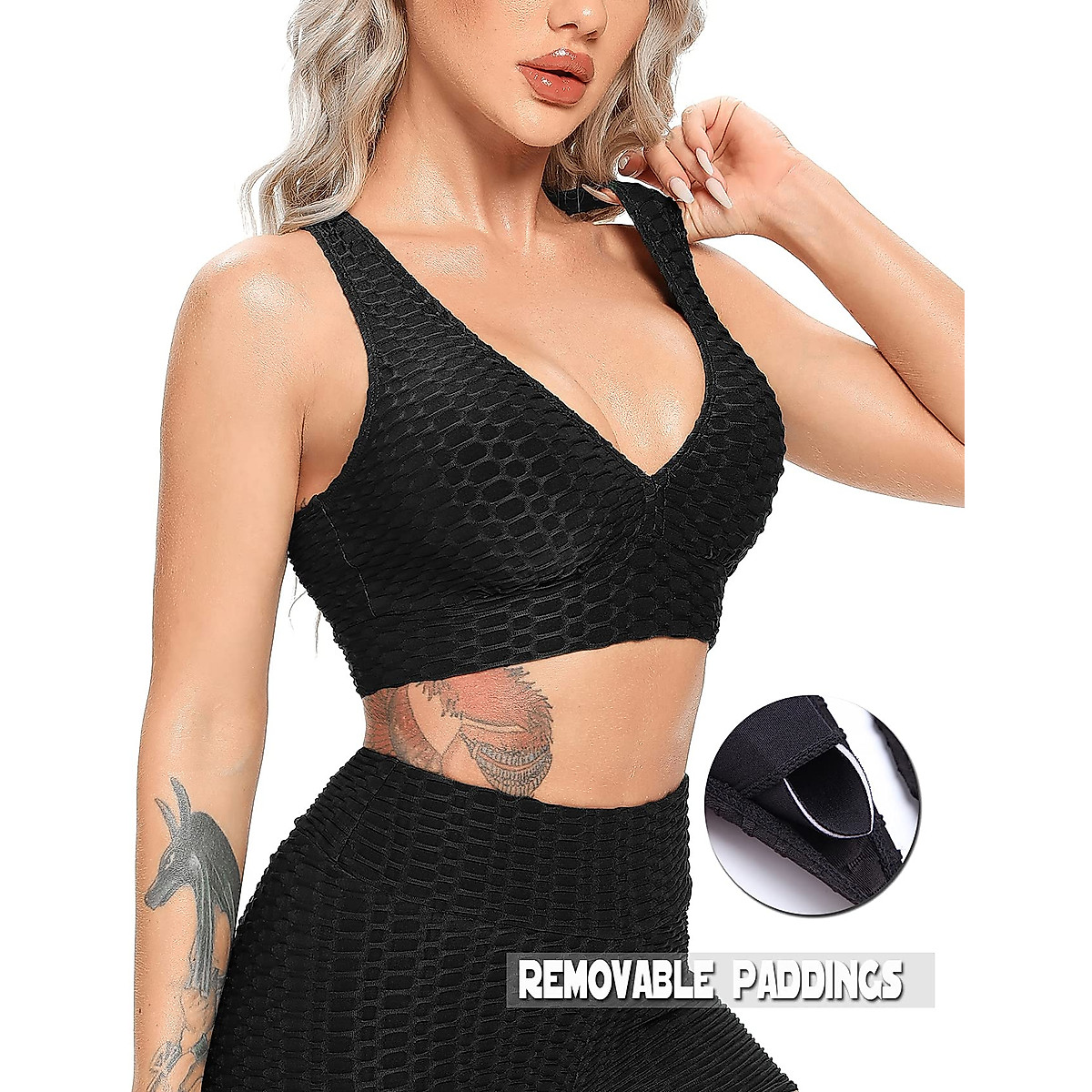 SEASUM Women Textured Leggings Matching Sport Bra Medium Support Workout Bra Crop Top M