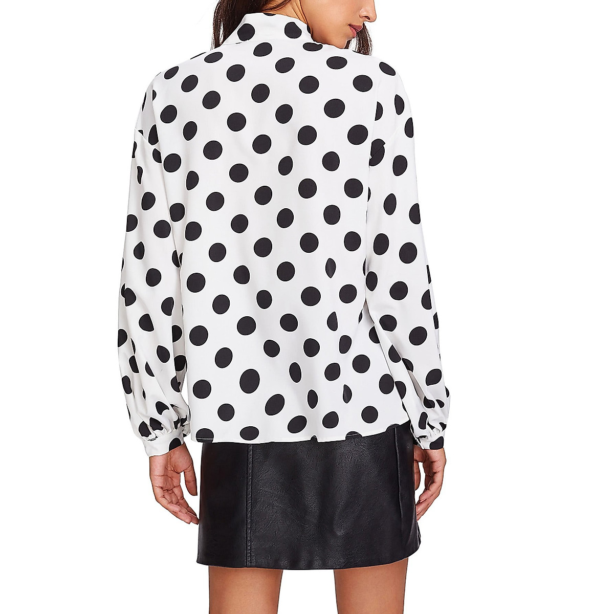 Floerns Women's Bow Tied Neck Lantern Long Sleeve Polka Dot Blouse White S