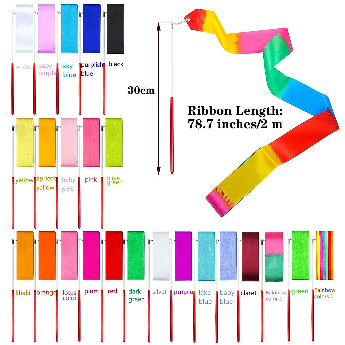 Aneco 24 Pieces Dance Ribbons Streamers Rhythmic Gymnastics Ribbon Wands Artistic Dancing, Baton Twirling, 24 Colors