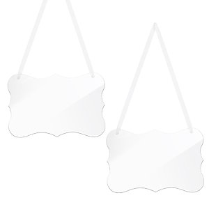 AHANDMAKER 2 Pc Clear Acrylic Hanging Sign, DIY Blank Names Custom Card Labels for Elegant Wedding Chair Signs with White Satin Ribbon for Wedding Dinner Parties, Food Signs, Banquet Events