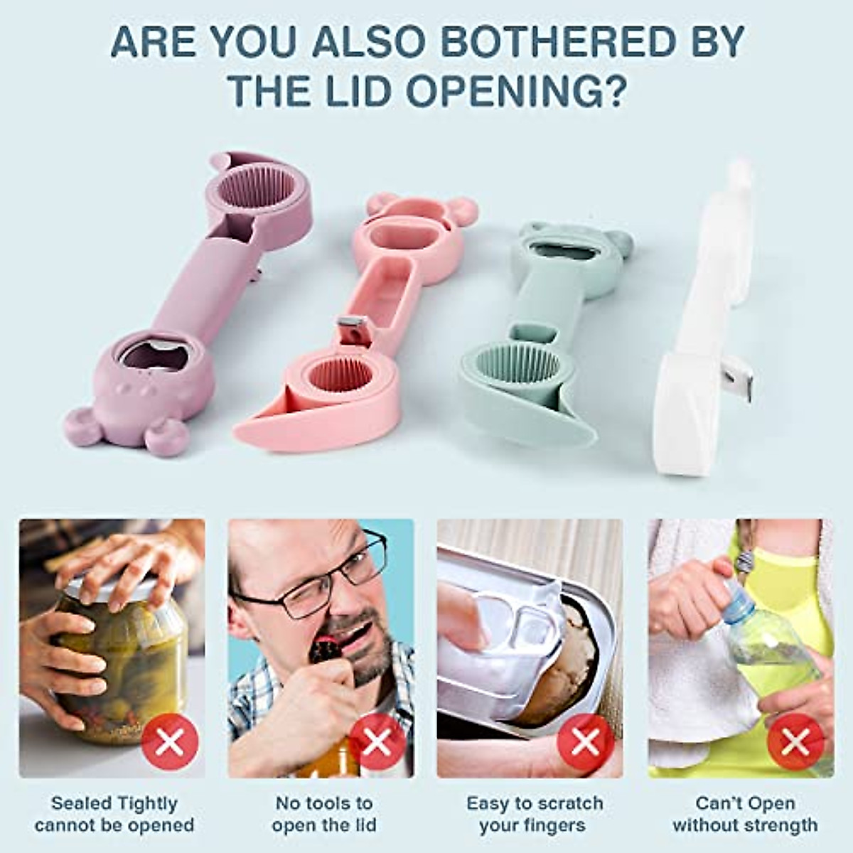 FICUS 4 IN 1 Multi Function Can Opener Bottle，Jar Opener beer opener，Multi Kitchen Tool For Jelly Jars, Wine, Beer and other, Handheld Can Beer Opener for Children, Elderly and Arthritis Sufferers