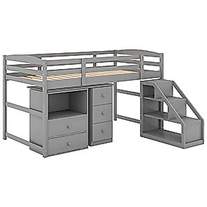 ERDAYE Twin Size Wooden Loft Bed Frame with Multifunctional Movable Built-in Desk, 5 Drawers and Staircase Bring Storage Shelf for Bedroom Guest Room Furniture, Gray