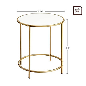 VASAGLE Round Side Table, End Table with Metal Frame, Small Coffee Accent Table, Nightstand, Bedside Table, Easy Assembly, for Living Room, Bedroom, Modern Style, Gold and White ULET282A10