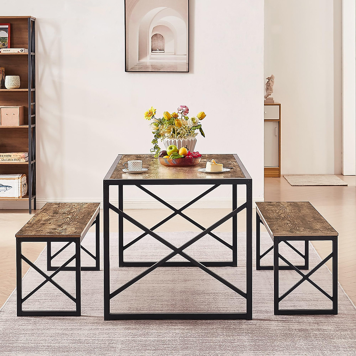 VECELO Kitchen Table with 2 Benches for 6,Wood Dining Room Dinette Sets with Metal Frame for Breakfast Nook and Small Space, 55", Brown