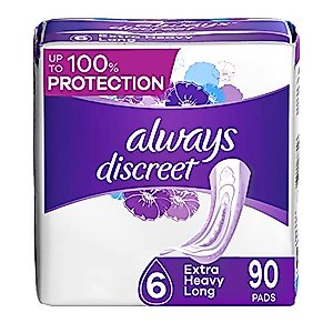 Always Discreet Adult Extra Heavy Long Incontinence Pads, Up to 100% Leak-Free Protection, 45 Count x 2 Packs (90 Count total)