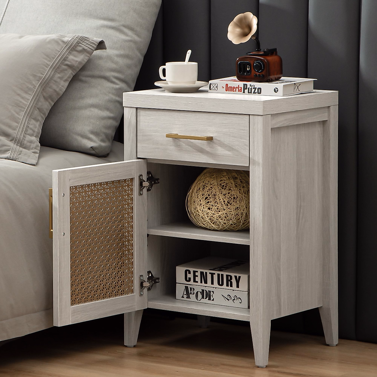 SICOTAS Tall Nightstands with Drawer, Modern Farmhouse Night Stand Wood Bedside Tables with Gold Mesh Door Adjustable Storage Shelf, Side End Table for Bedroom Living Room, Whitish-Gray Oak