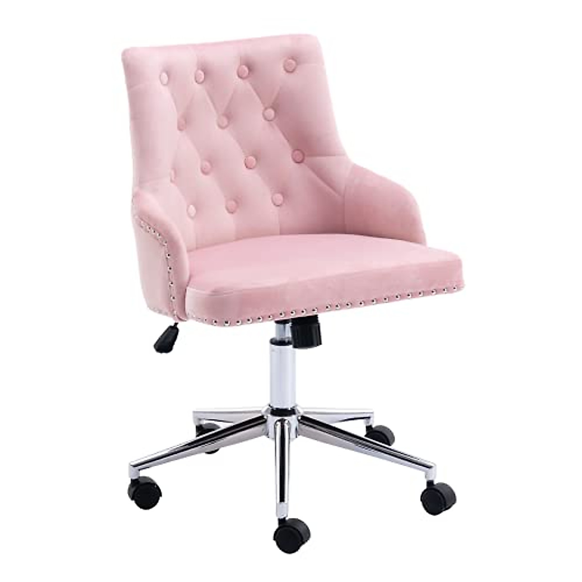 Pink Desk Chair Velvet Office Chair with Wheels Tufted Vanity Chair Fabric Task Swivel Armchair for Bedroom Living Room