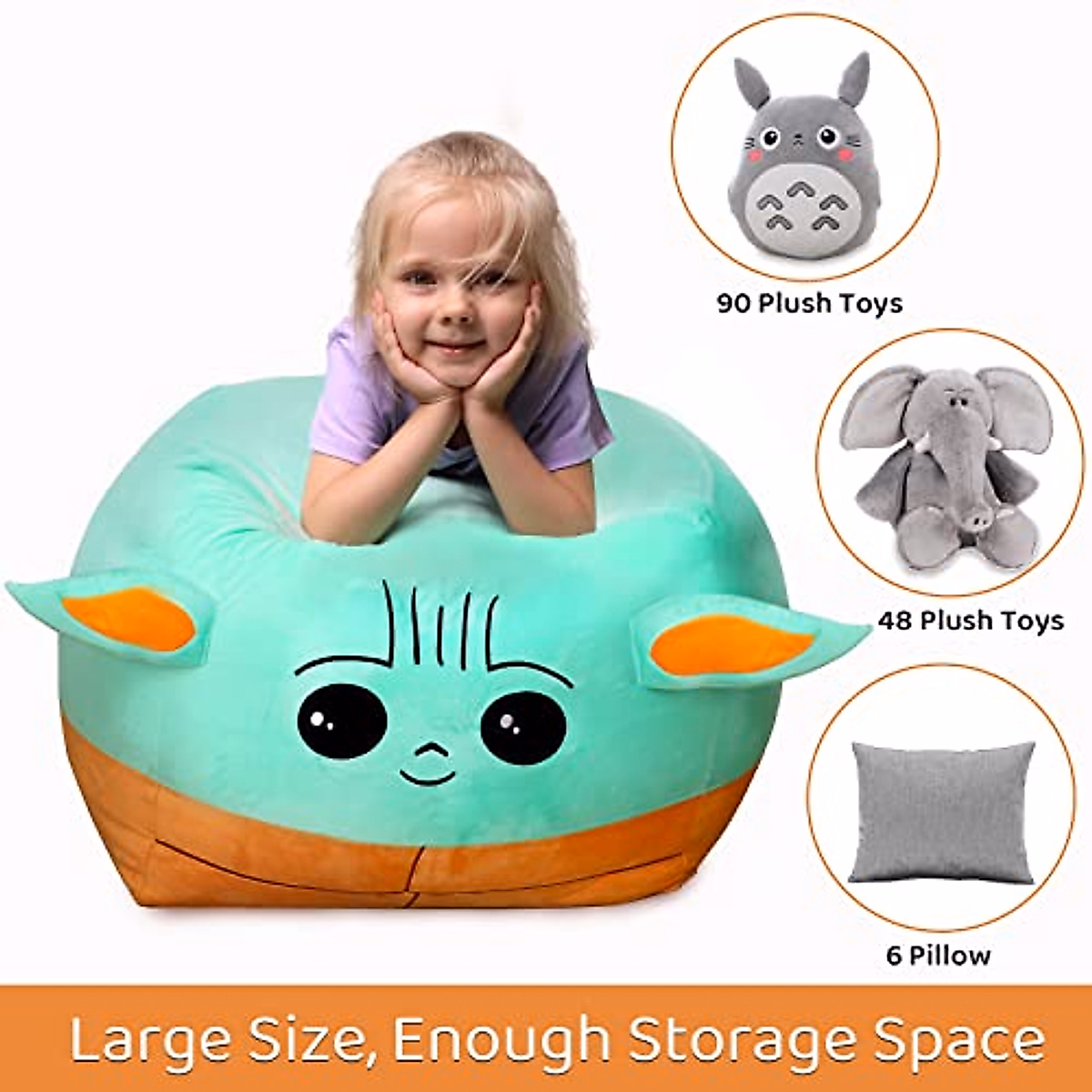 Stuffed Animal Toys Storage Kids Bean Bag Chairs Cover Large Size 24 x 24 Inch Stuffable Zipper Bean Bag for Organizing Kids Plush Toys Blankets Towels Clothes Home Supplies(No Beans)