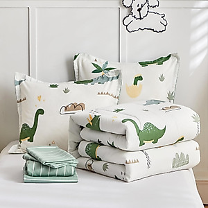 Joyreap Bed in a Bag Cotton, Dinosaur Theme Fresh Green, Twin Size 6-Piece Cotton Bedding Comforter Set for Kids Boys n Girls- 1 Comforter, 2 Pillow Shams, 1 Flat Sheet, 1 Fitted Sheet, 1 Pillowcase