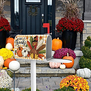 FBCOO Thanksgiving Turkey Mailbox Cover Magnetic Standard Size 20.5" x 18", Give Thanks Pumpkin Fall Decorative Post Letter Box Decor, Autumn Check Farmhouse Garden Yard Outdoor Decoration