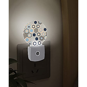 ILYBEEN Minimalist Geometric Blue Hexagon LED Night Lights Plug-in Nightlight with Auto Dusk to Dawn Sensor,Stripe on Burlap Linen Texture Round Lamp for Bedroom,Hallway,Bathroom