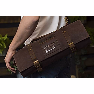 Asaya Waxed Canvas Knife Roll - 15 Knife Slots, Card Holder and Large Zippered Pocket - Genuine Leather, Cloth and Brass Buckles - for Chefs and Culinary Students - Knives Not Included