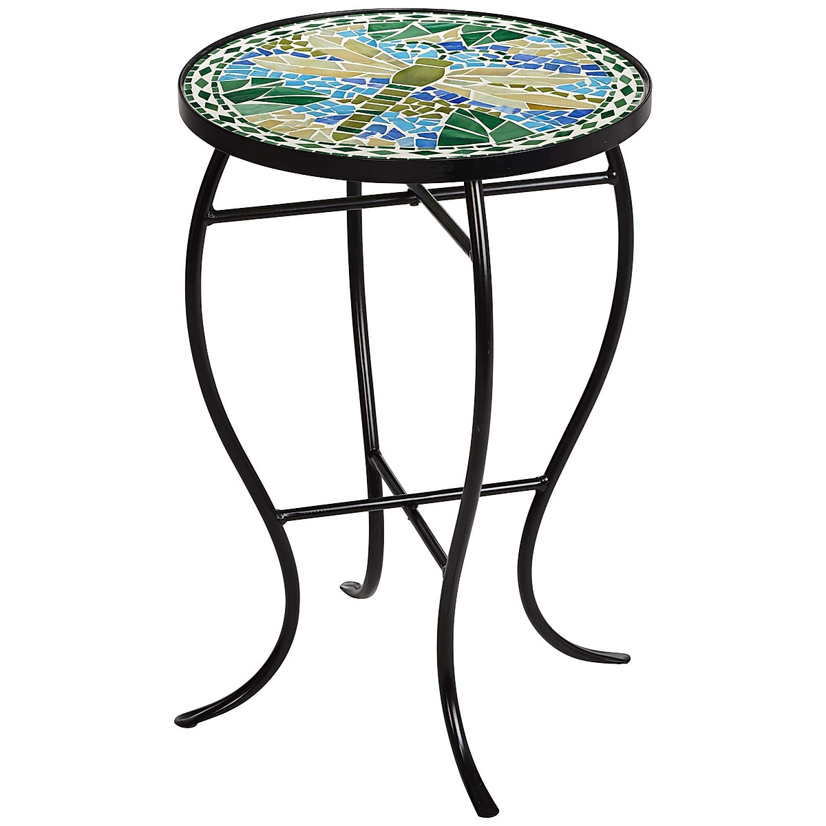 Teal Island Designs Dragonfly Modern Black Metal Round Outdoor Accent Side Table 14" Wide Blue Green Mosaic Tile Inlay Tabletop Gracefully Curved Legs for Spaces Porch Patio Home House Balcony Deck