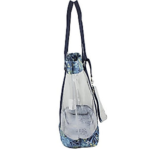 Eastsport Clear Deluxe Tote Bag with FREE Wristlet, Durable, See-Through, Transparent, Zipper Closure, Perfect for Work, Sporting Events, School and Concerts - Blue Floral