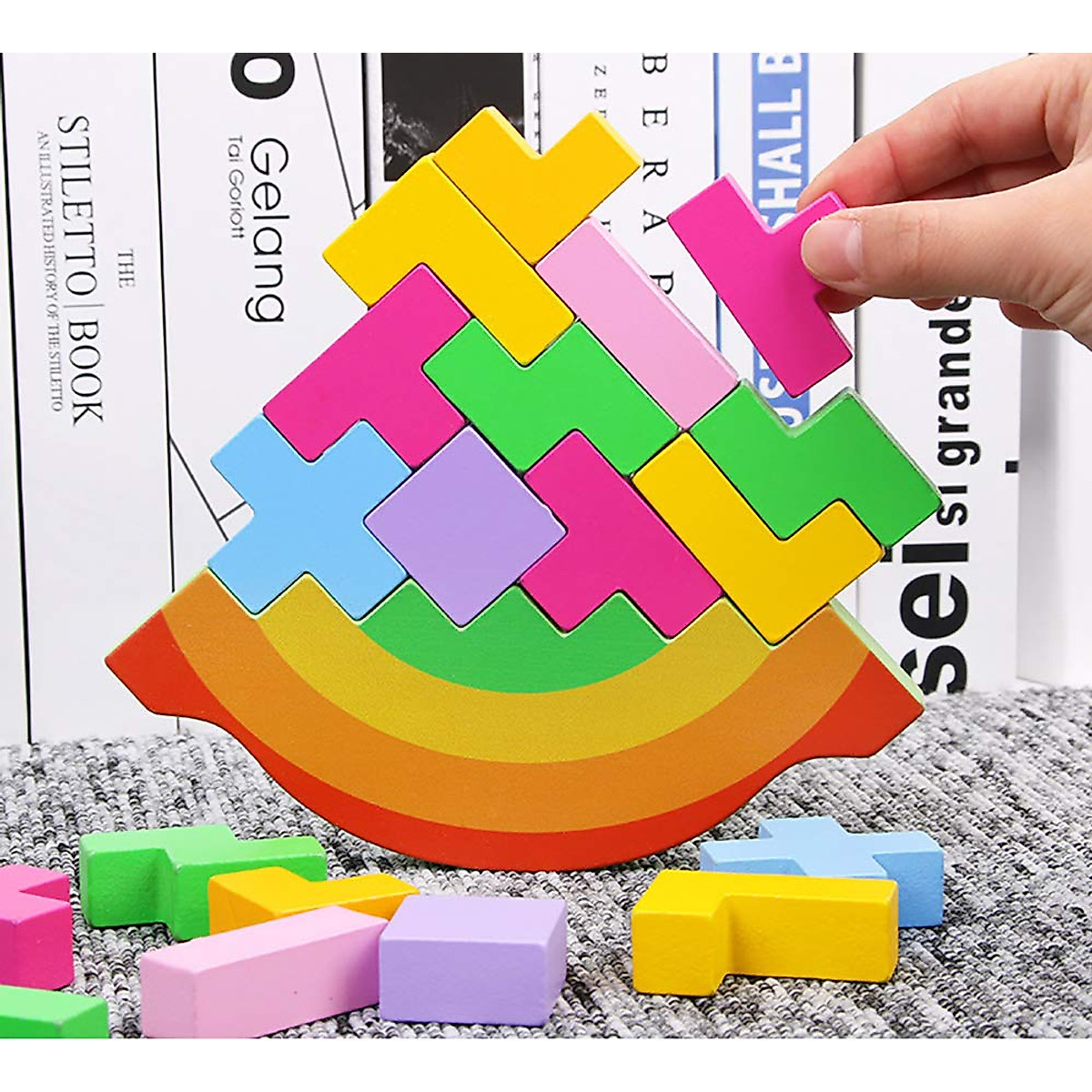 BESTING Wooden Rainbow Stacking Blocks Parent-Child Children's Educational Toys Swing Boat Interlock Decompression Preschool Balancing Games (TJ016)