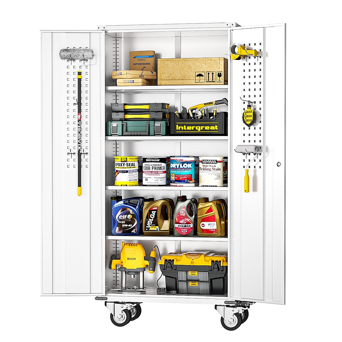 INTERGREAT 72" Metal Garage Storage Cabinet with Wheels, White Steel Locking Cabinet with 2 Adjustable Shelves and Doors, Rolling Metal Tool Cabinet for Home, Office, School, Garage