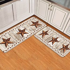 Rustic Kitchen Rugs Sets 2 Piece Floor Mats Western Texas Star and Primitive Berries on Country Wooden Plank Doormat Farm Wooden Area Runner Bath Rug Non Slip Chef Mat Farmhouse Carpet Set for Bedroom