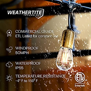 Brightech Glow LED String Lights - 48 Ft Commercial Grade Patio Lights with Beautiful Brass Accents - Outdoor Waterproof Globe Porch String Lights for Outside, Backyard, Gardens - 15 2W LED bulbs