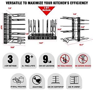 KAPTRON Pot Rack Organizer, 3 DIY Methods, Height and Position are Adjustable - 8 Pots Holder, Metal Kitchen Cabinet Pantry Pot Pan Lid Holder (BLACK)