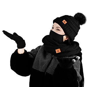 Winter Hat Scarf Gloves and Face Mask, Warm Knit Beanie Pompom Hat Touchscreen Gloves Set Gifts Circle Scarves for Women…