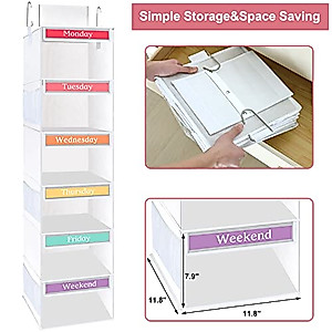 Fixwal 6-Shelf Weekly Hanging Closet Organizer with 6 Side Pockets Collapsible Weekday Kids Closet Daily Clothes Organizer Hanging Storage Shelves (White)