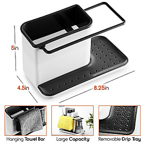 Kitchen Sponge Holder for Sink - Kitchen Sink Caddy - Sink Organizer with Brush Dispenser Holder and Drain Pan Tray - Dish Sponge Holder – Dual Use Sponge Brush Soap Dish Holder with Rag Rack