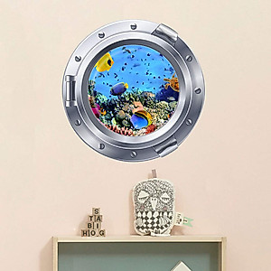 Woodland Arts 3D Undersea Various Tropical Fish Corals Porthole Submarine View Ocean 18 x 18 inch Removable Vinyl Peel and Stick Decorative Wall Decals Stickers for Children Kids Room Nursery