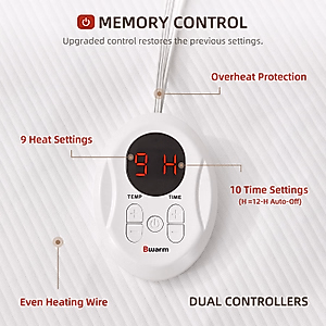 Bwarm Waterproof Heated Mattress Pad, ETL Certified Bed Warmer with Memory Function 9 Heat Settings, 1-12 Hours Auto Off Deep Pocket, Machine Washable, White Queen