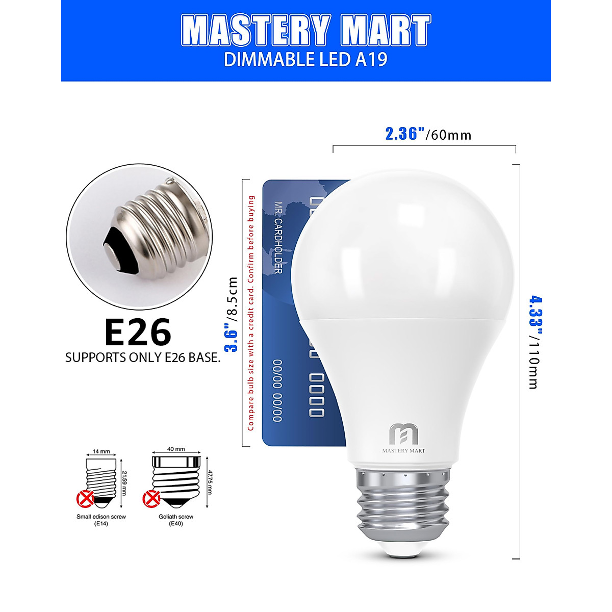 MASTERY MART Led Light Bulbs 10 Watt [60 Watt Equivalent], A19 - E26 Dimmable, 800 Lumens, Medium Screw Base, Energy Star, UL Listed (5000K Daylight White, 10 Count (Pack of 1))